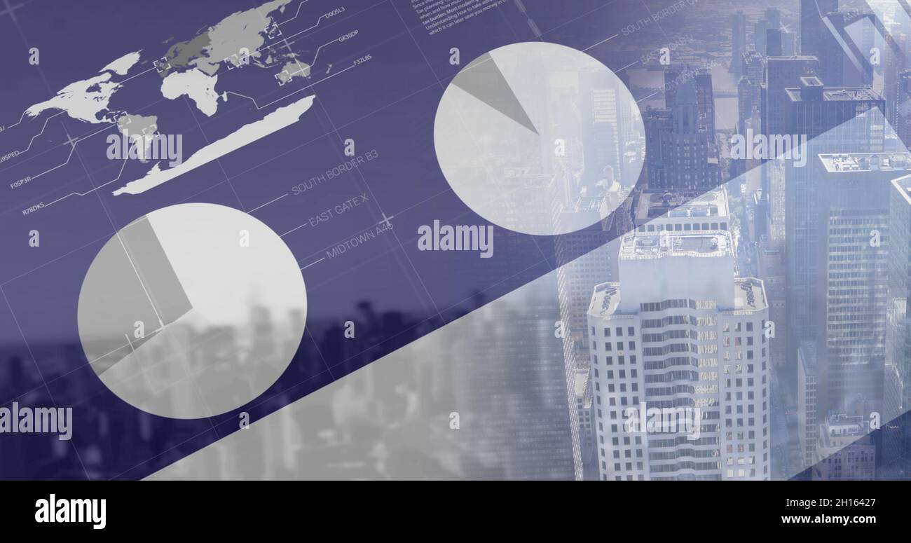 Financial and and statistical data processing against cityscape in ...