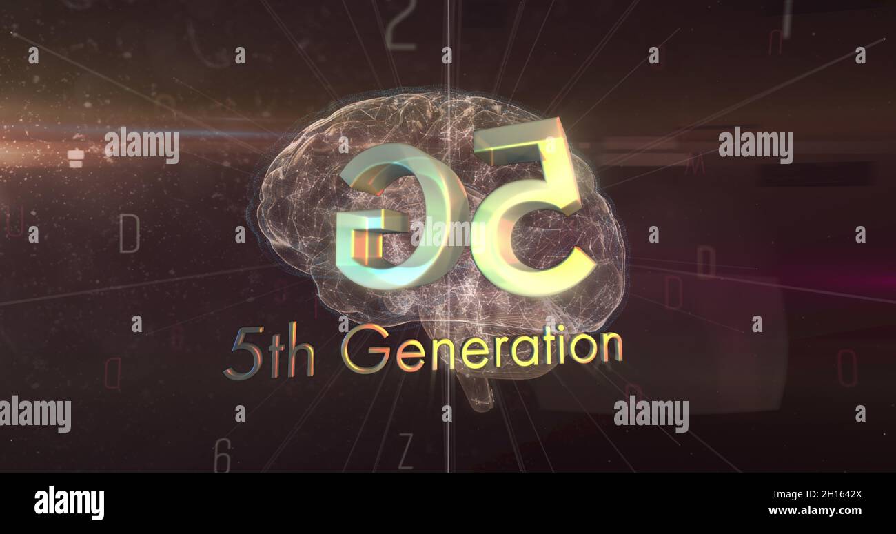 Image of 5g 5th generation text over spinning human brain and letters ...