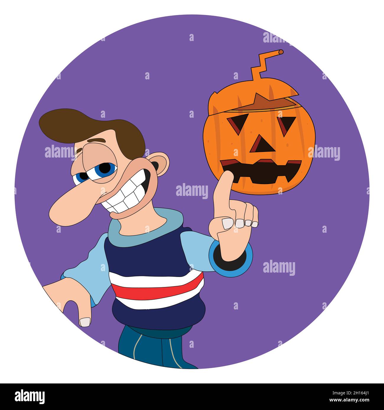 Man with a cheeky smile and big nose pointing at a Halloween pumpkin ...