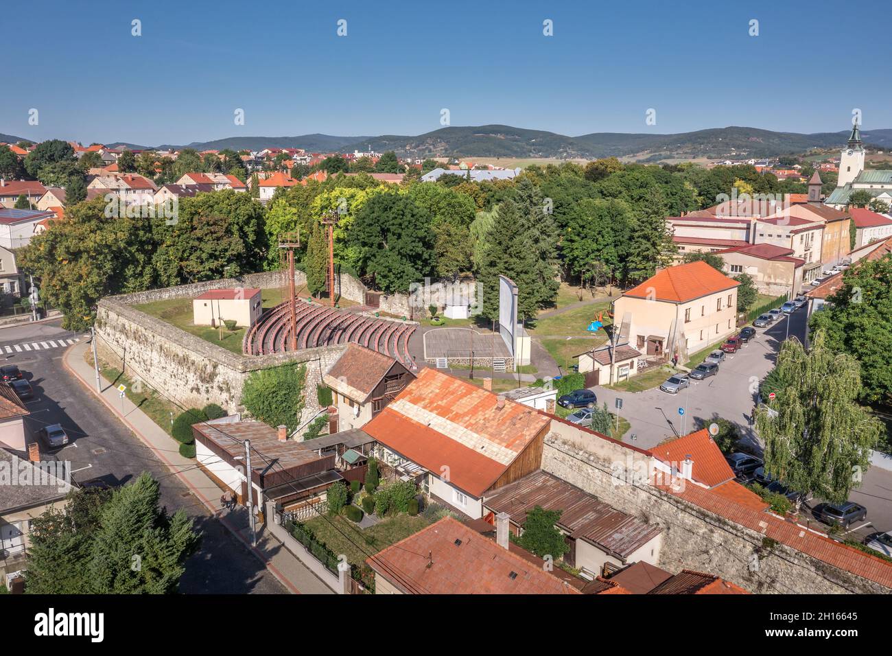 Aerial view of medieval walled downtown of Krupina Korpona in Slovakia ...