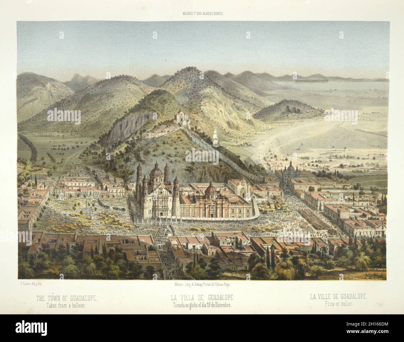 Lithograph by the village of Guadalupe taken from a balloon, Mexico ca ...