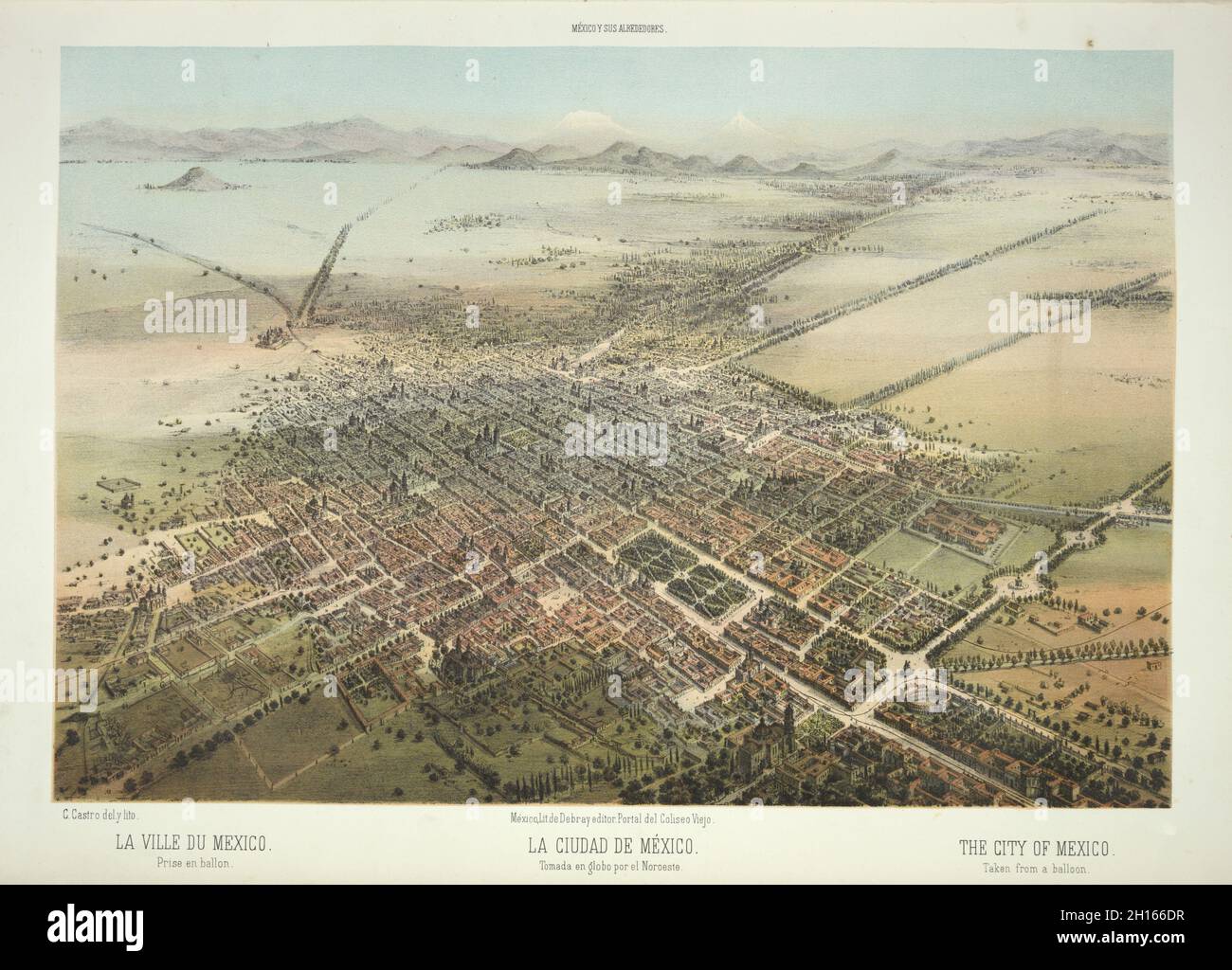 Lithograph by of Mexico City taken from a balloon ca. 1869 Stock Photo ...