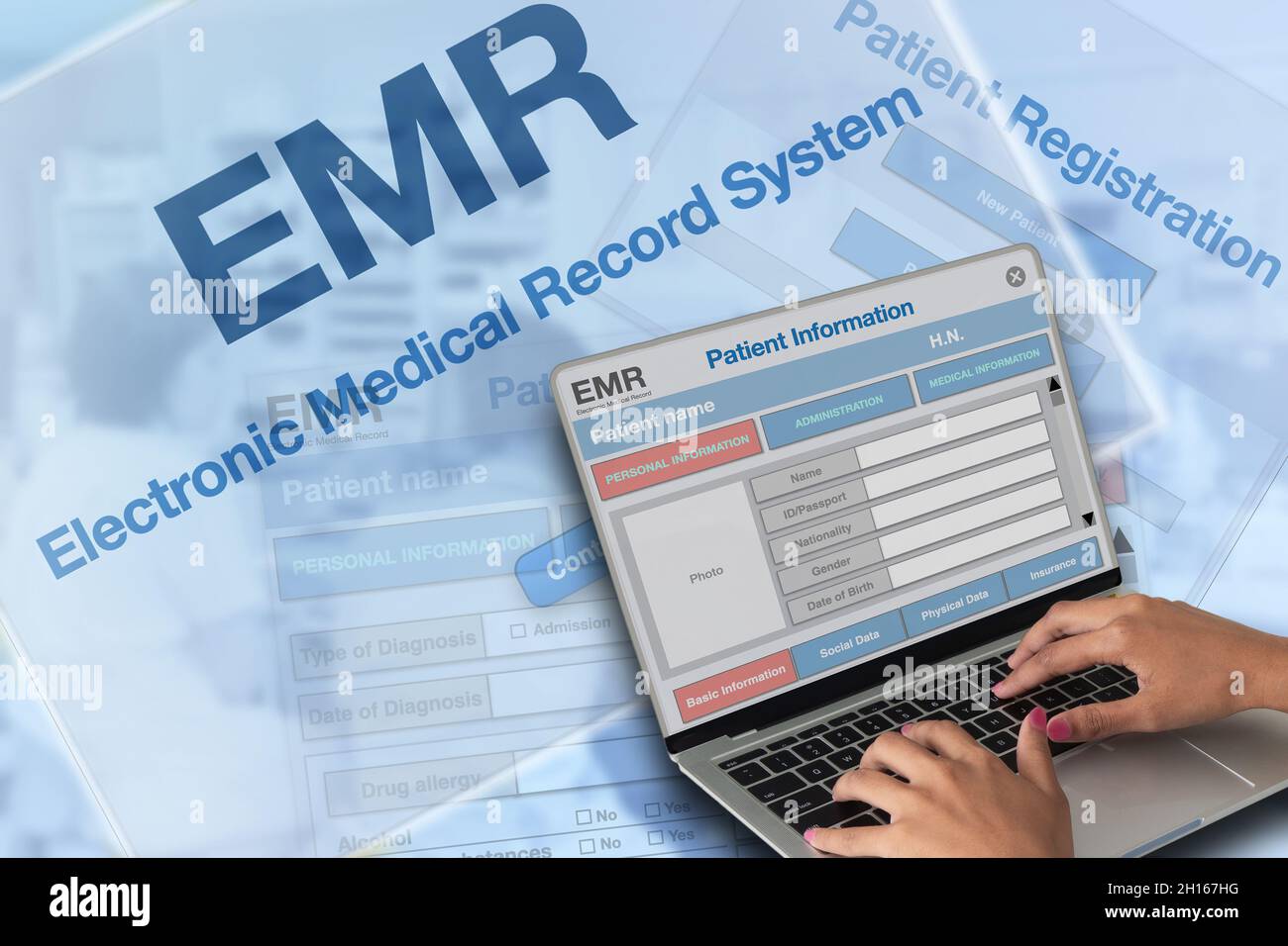Someone working on electronic medical record with blue background of ...