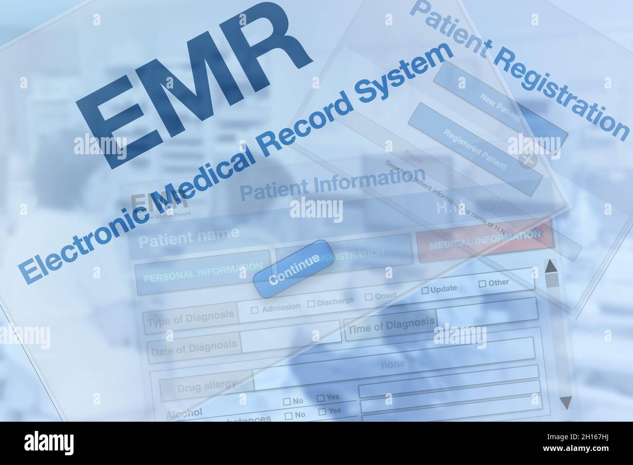 Blue background of computer display screen for electronic medical ...