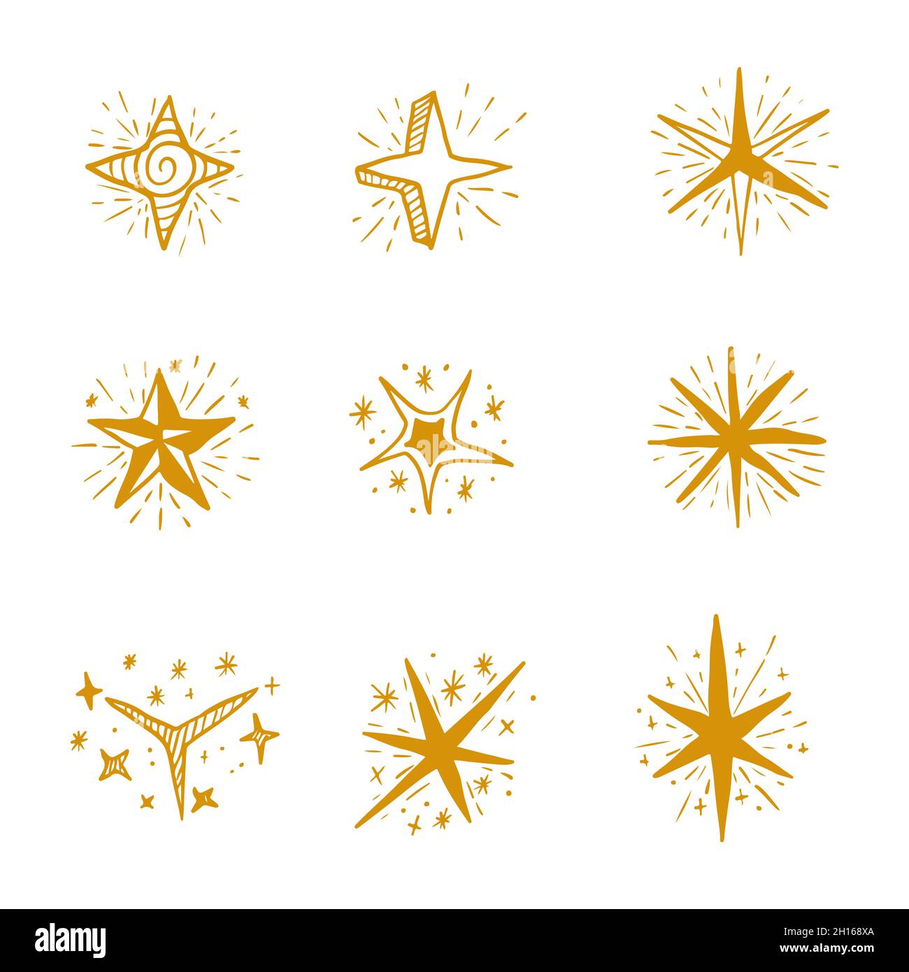set of hand draw icon illustration shiny stars, sparkle stars, glitter ...