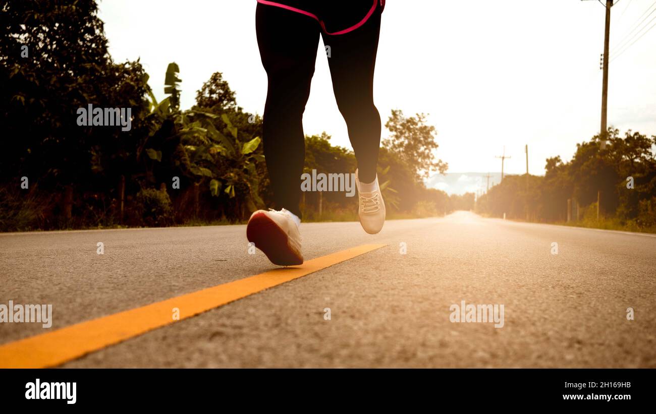 Female runners running on the road trail in morning training for ...