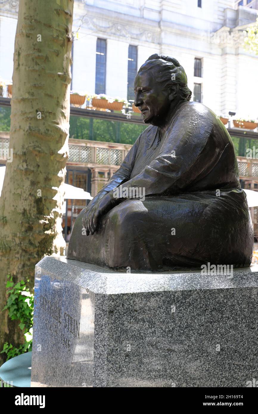 The bronze statue of American writer Gertrude Stein in Bryant Park ...