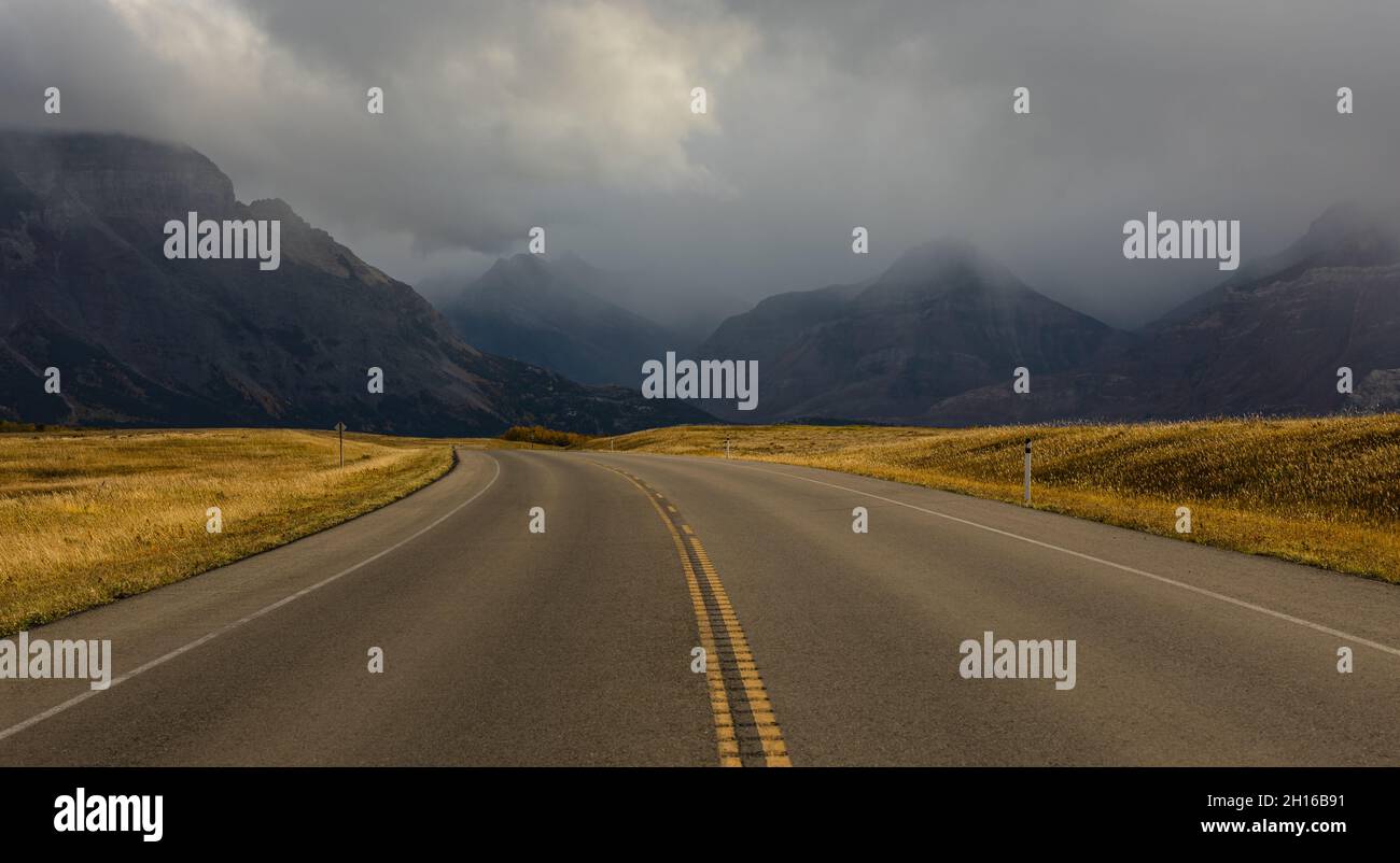 Highway through mountains landscape at overcast day. Horizontal shot ...