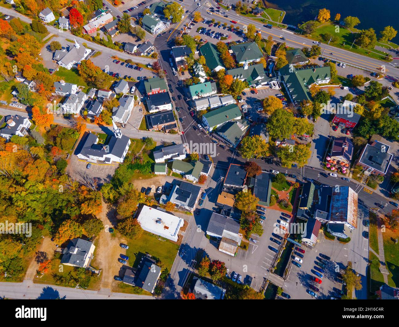 Meredith town center with fall foliage top view including First ...