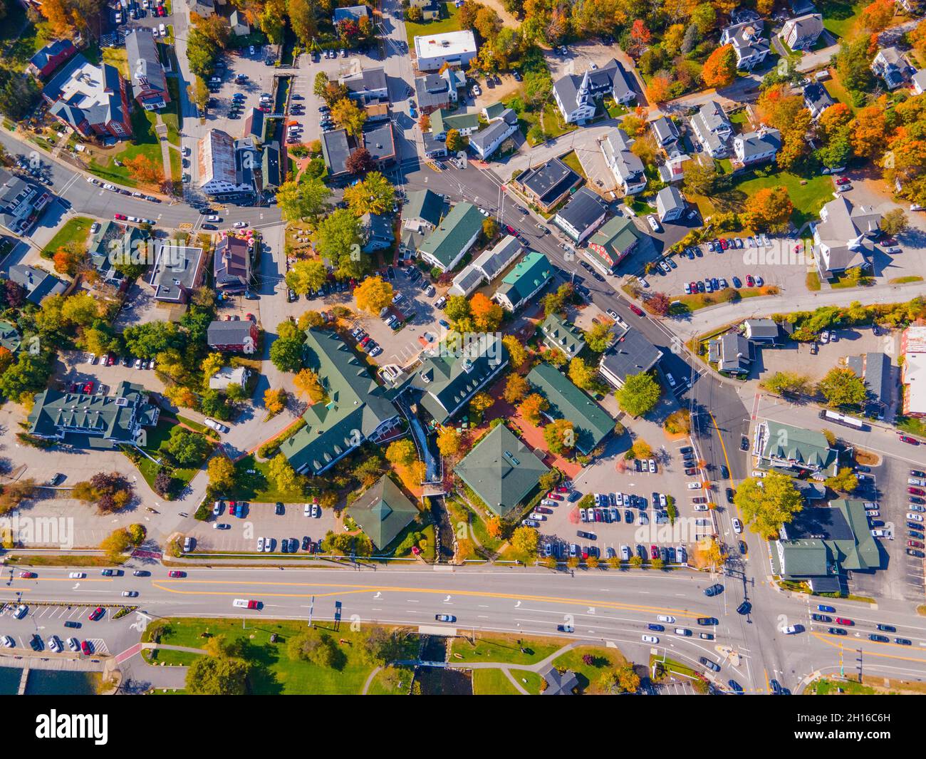 Meredith town center with fall foliage top view including First ...