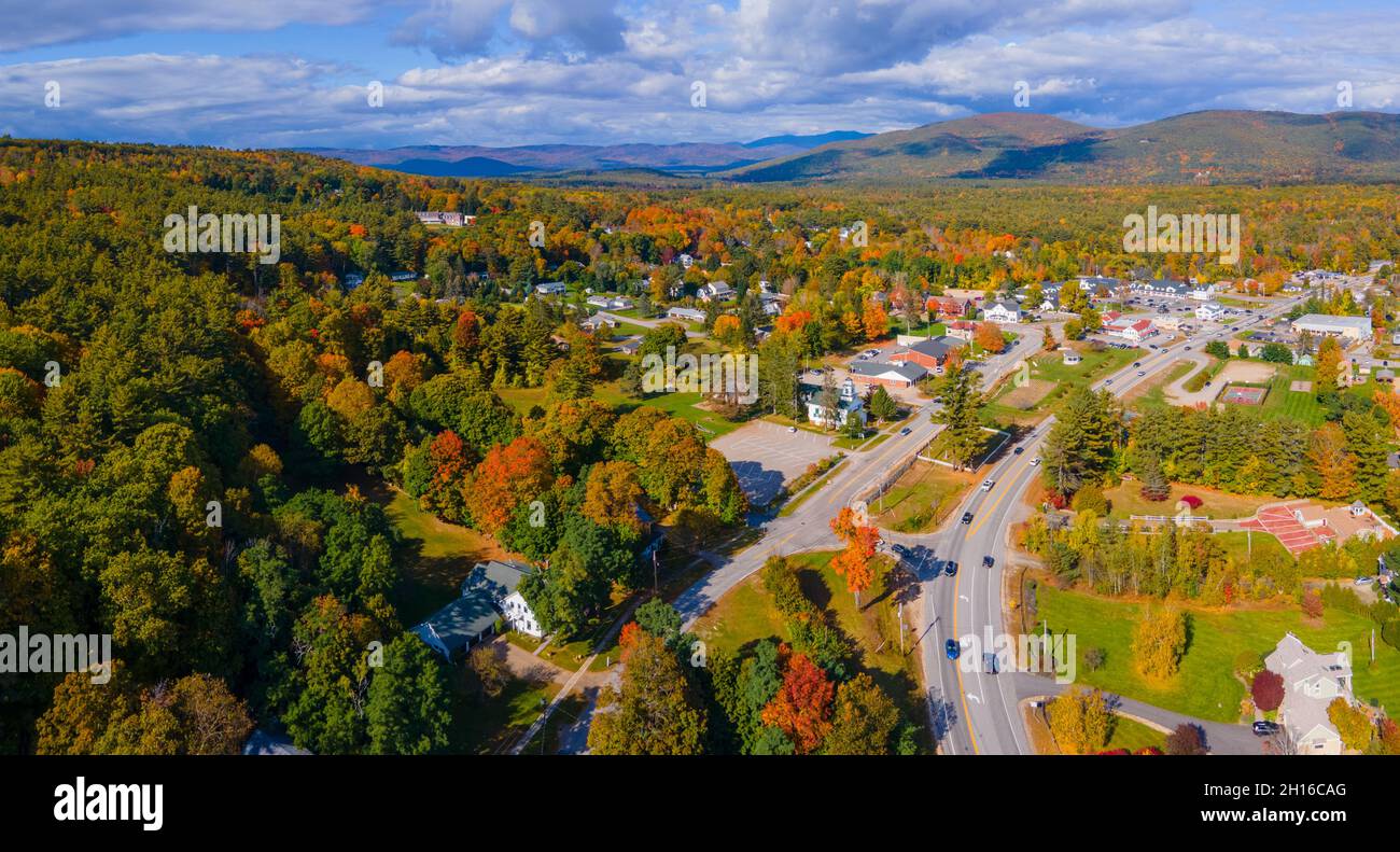 Center Harbor historic village district panoramic aerial view in fall ...