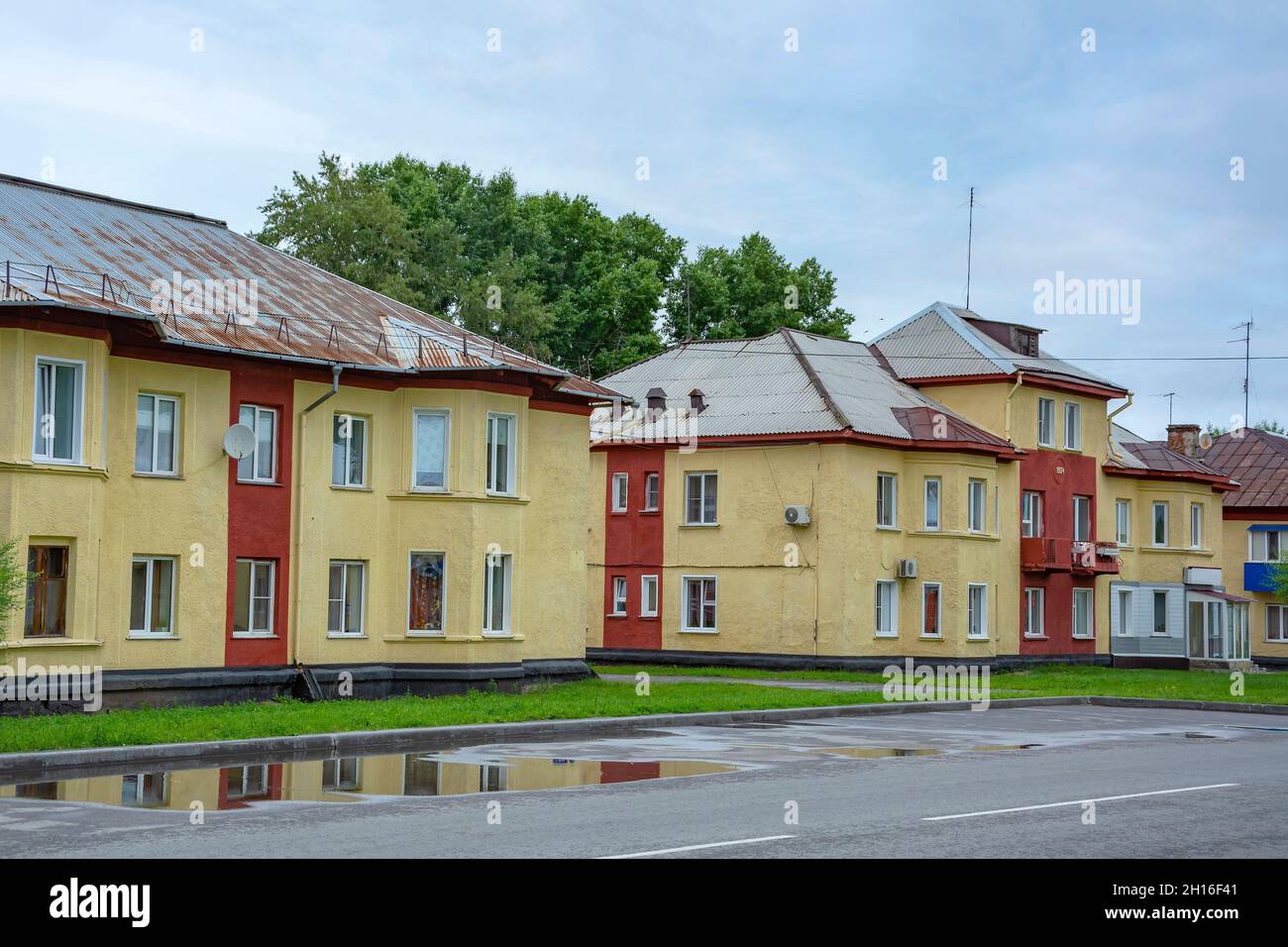 Old houses on the main street of the city of Guryevsk, Kemerovo region ...