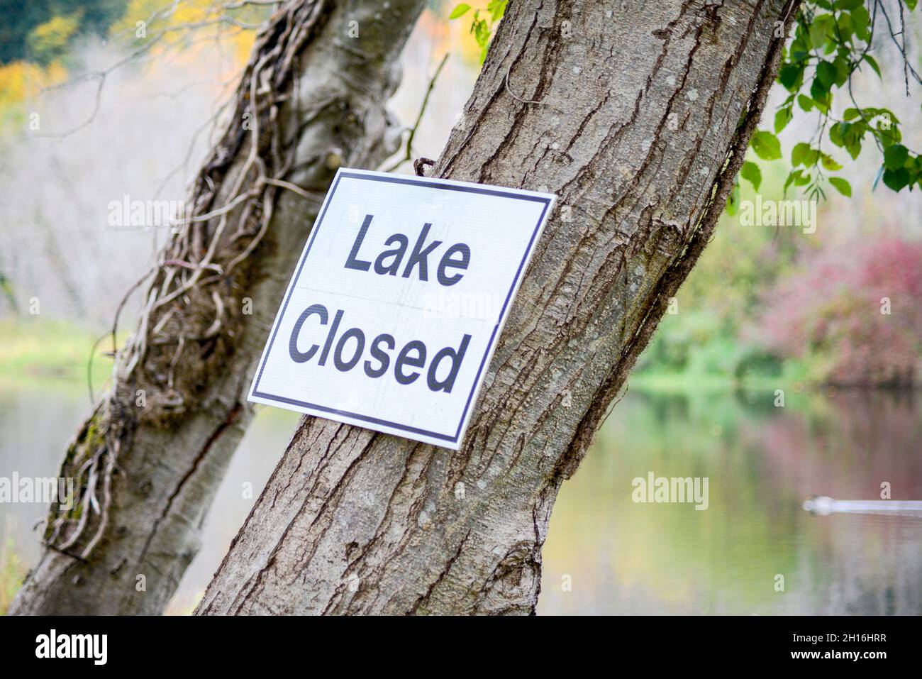 Lake closed sign posted on a tree at the park Stock Photo - Alamy