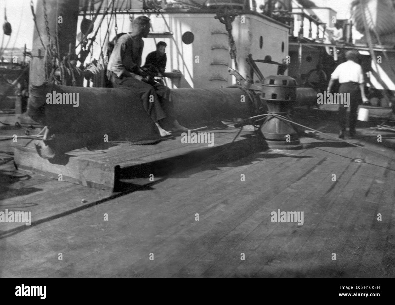 Sailors on the deck of the four-masted steel barque Hougomont, circa ...