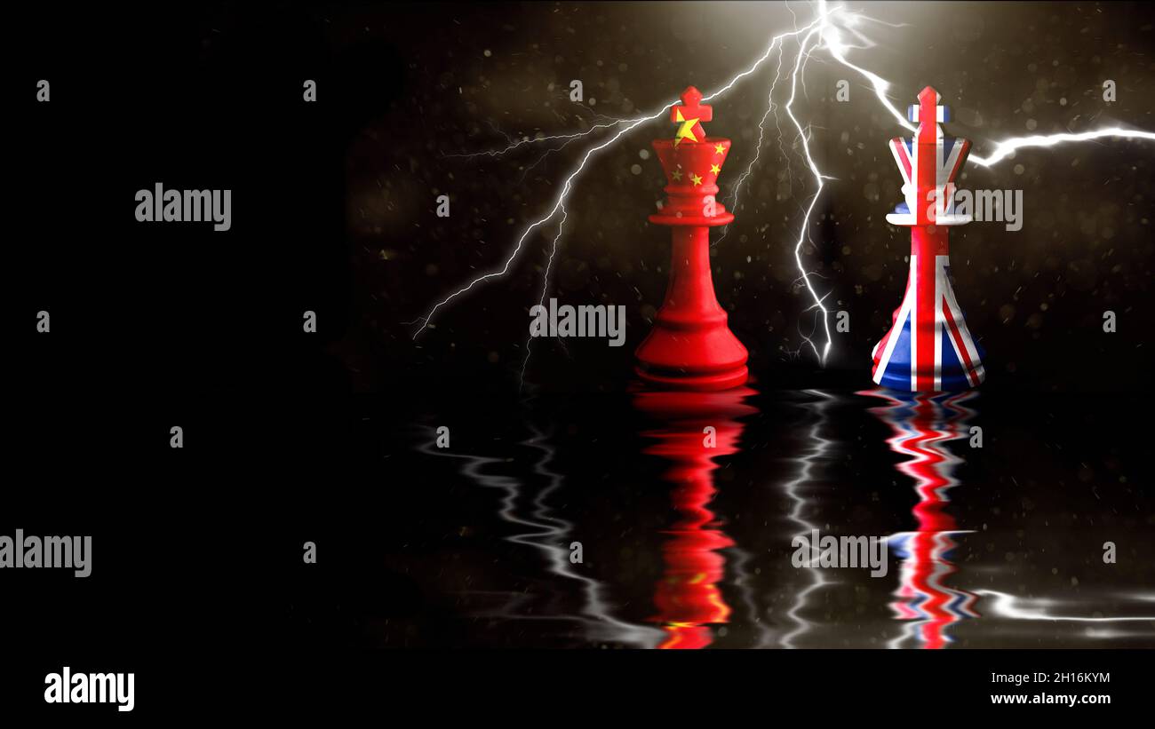 china and great britain flags paint over on chess king. 3D illustration ...