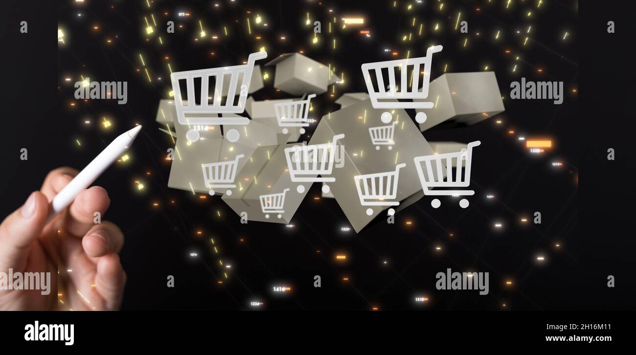 A 3D rendering of digital carts and boxes beside logistics and delivery ...