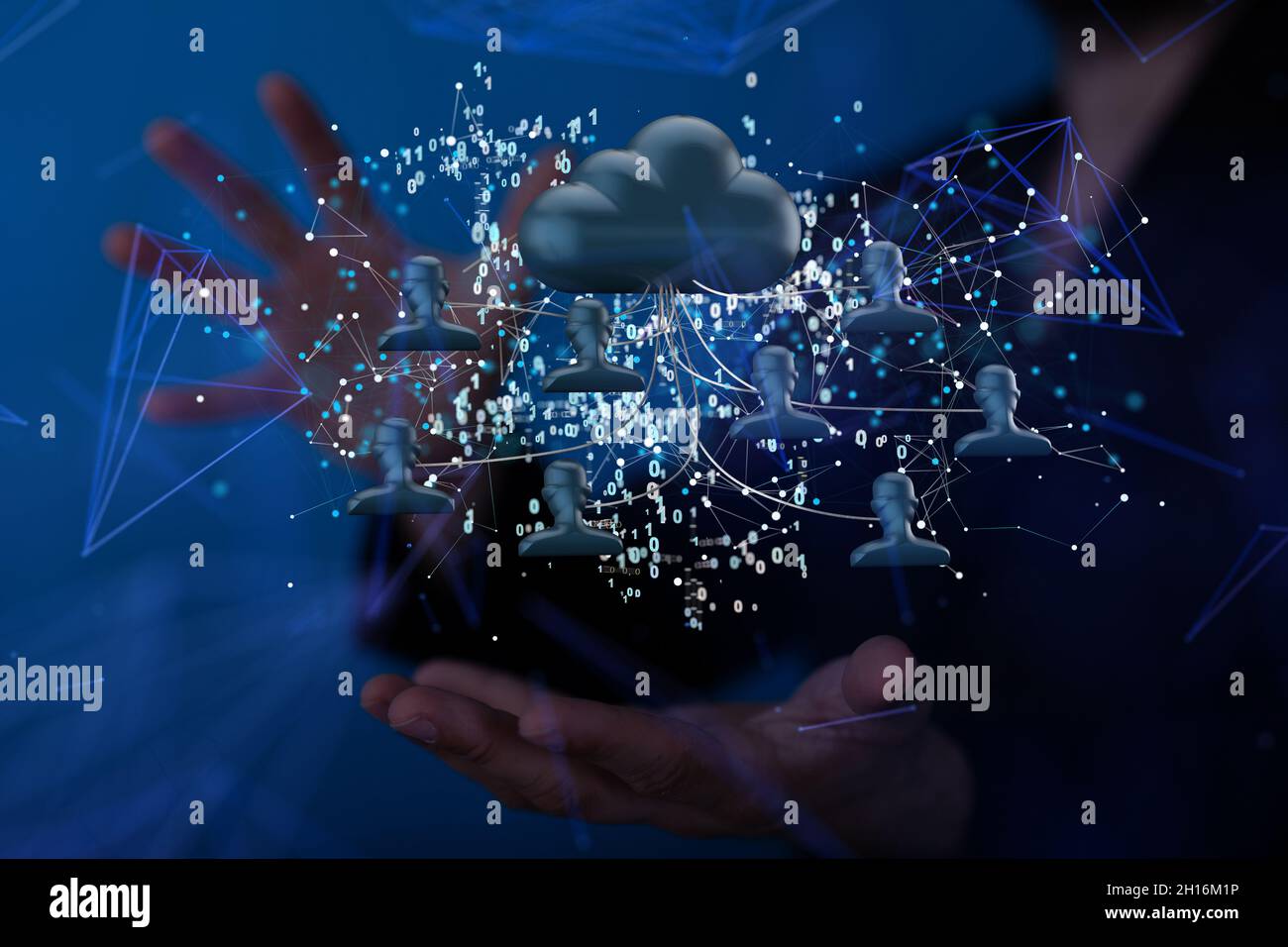 A 3D rendering of digital cloud and human icons floating in between ...