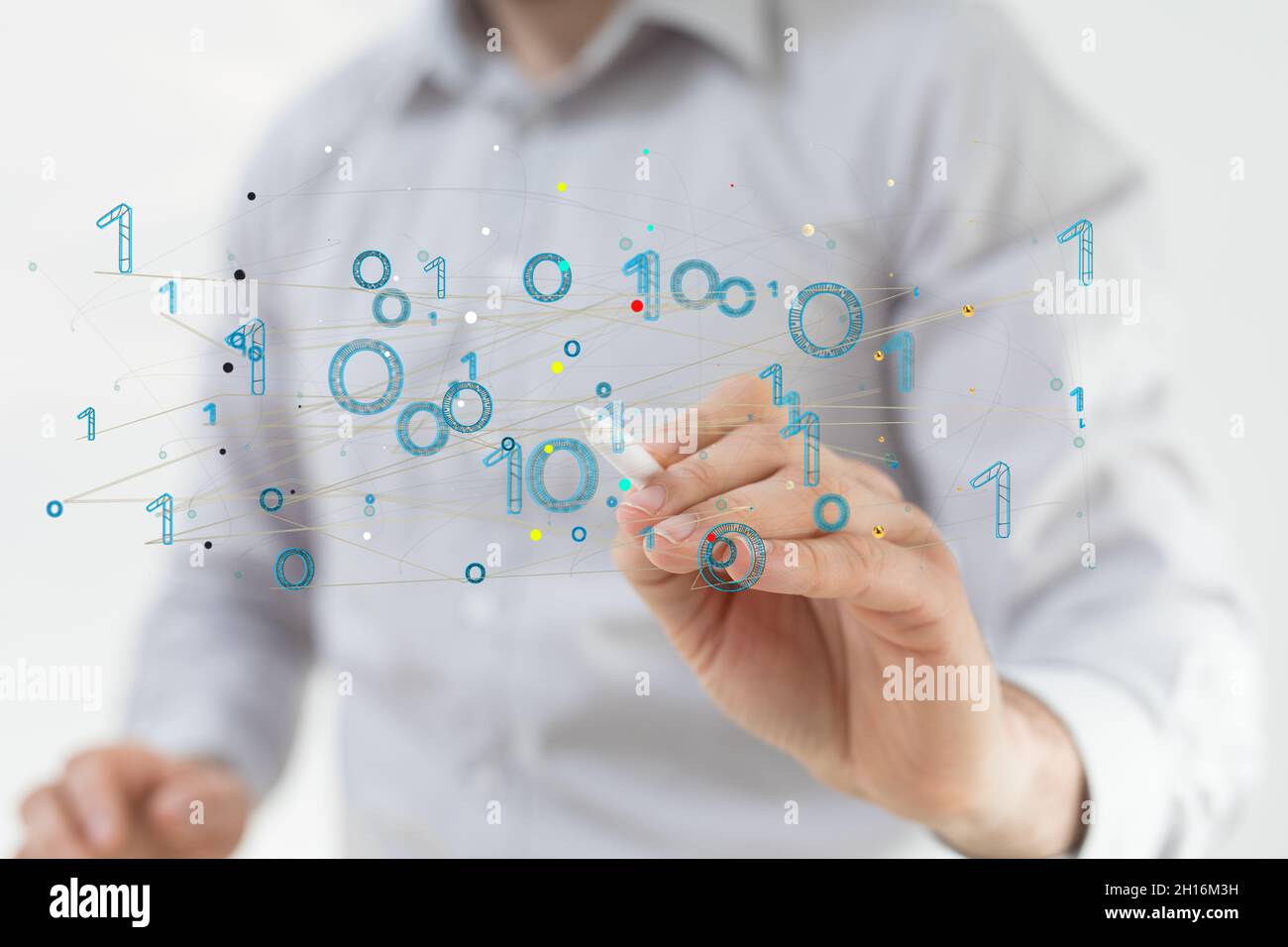 A person presenting the virtual projection of digital binary codes ...