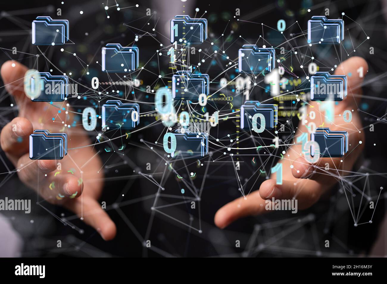 A person presenting the virtual projection of digital binary codes ...