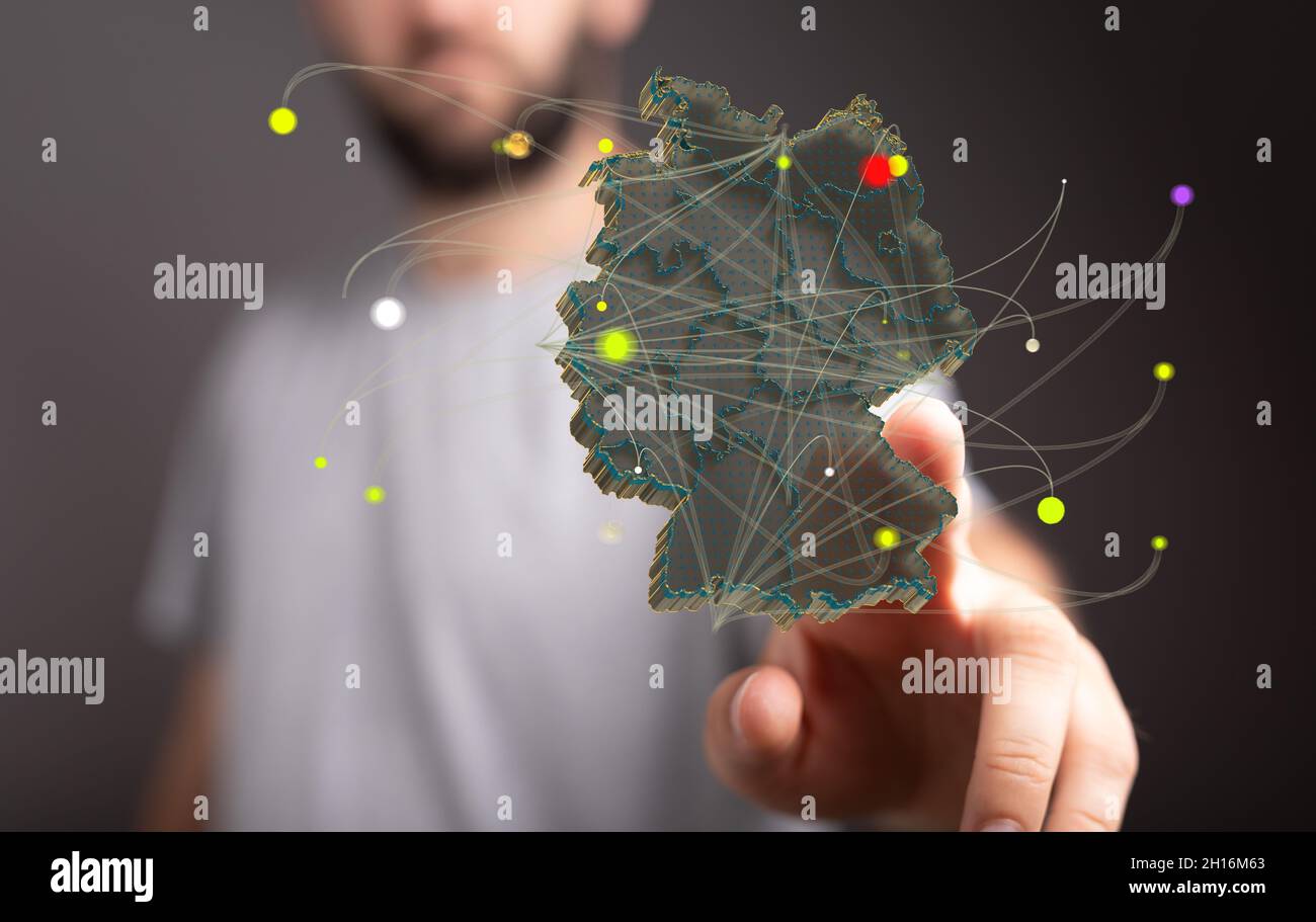 A person presenting the virtual projection of digital binary codes ...