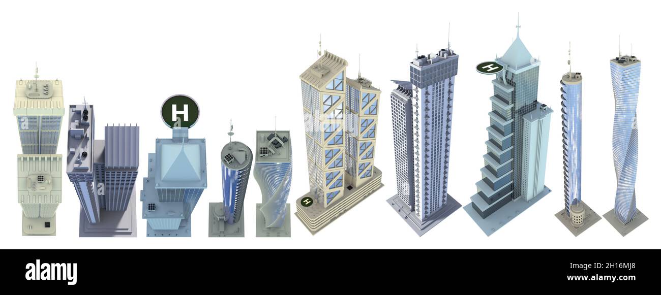 Set of very detailed abstract skyscrapers with fictional design and ...