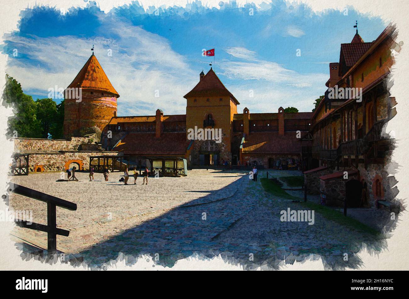 Watercolor drawing of Courtyard of medieval gothic Trakai Island Castle ...
