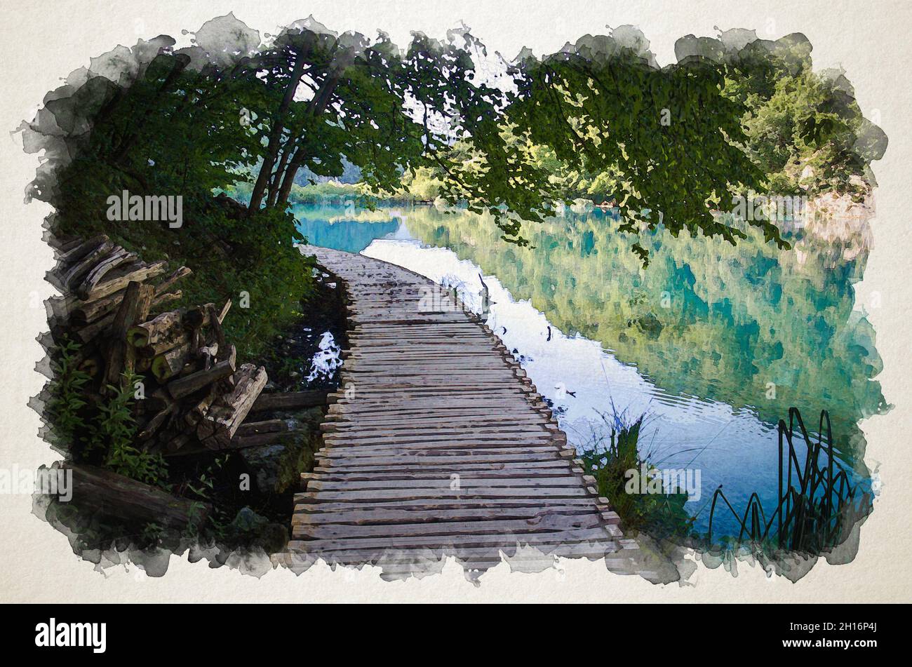 Watercolor drawing of Wooden path boardwalk bridge on the blue colored ...