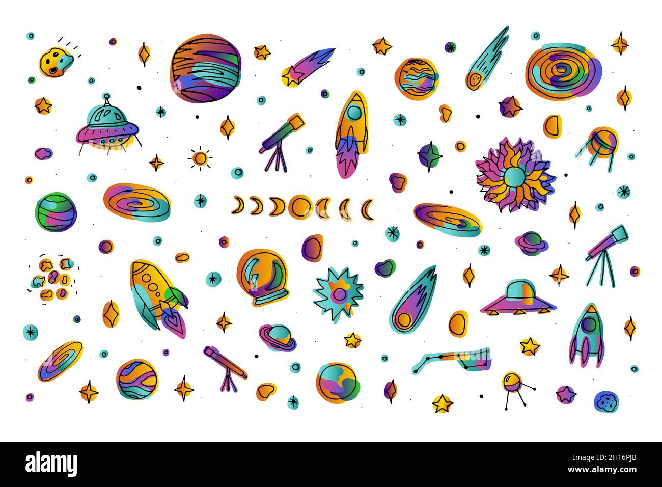 Bright space doodle sticker set. Planets, rockets, stars, comets ...