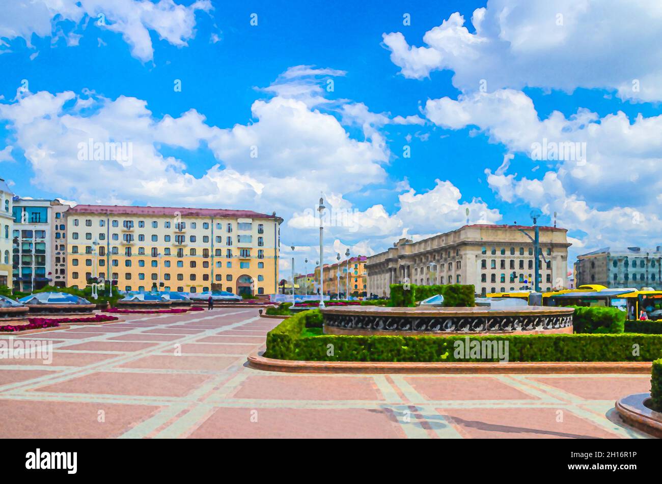 Watercolor drawing of Minsk: Independence square and Avenue with ...