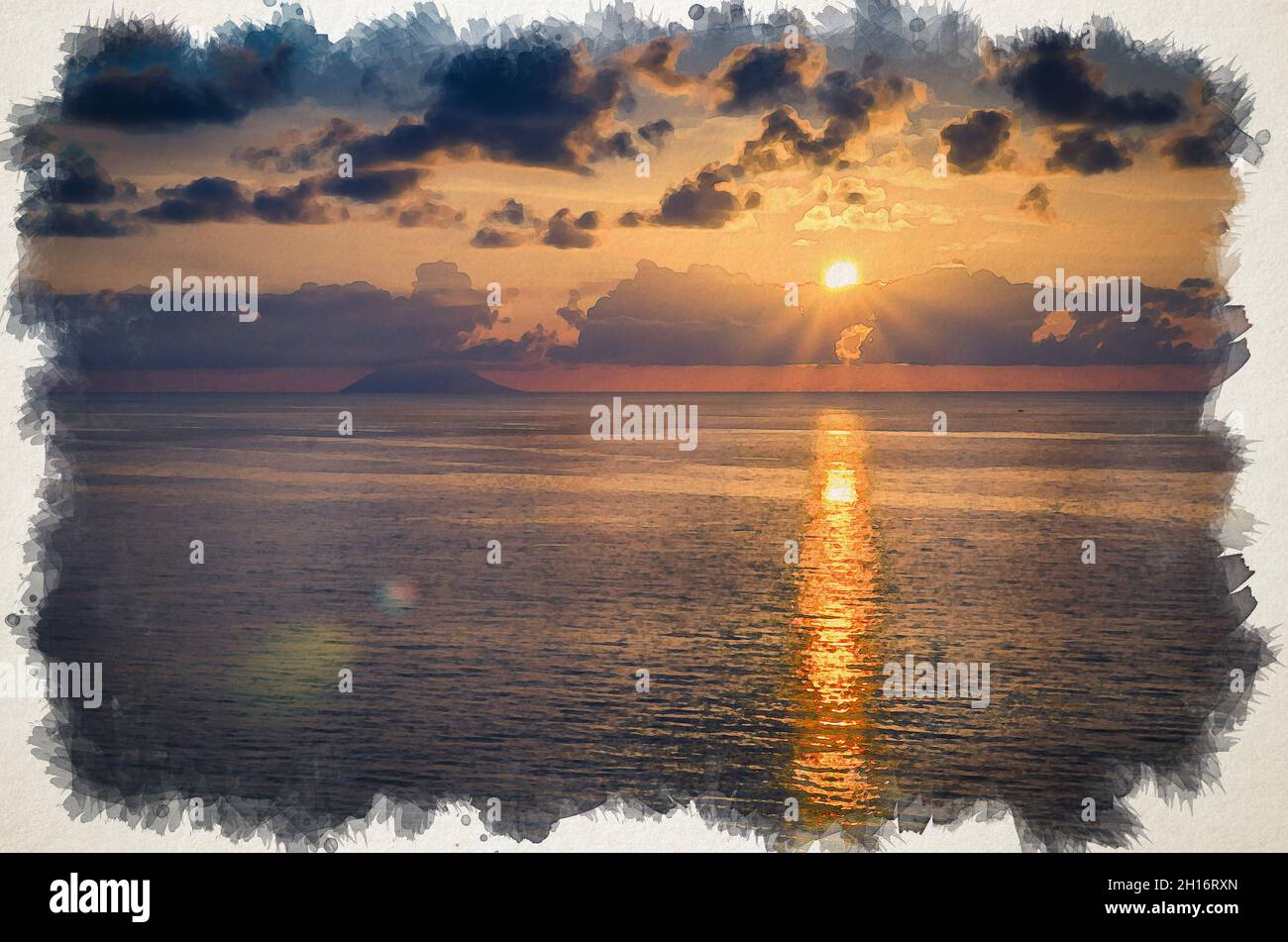 Watercolor drawing of Aerial view of beautiful amazing sea sunset ...