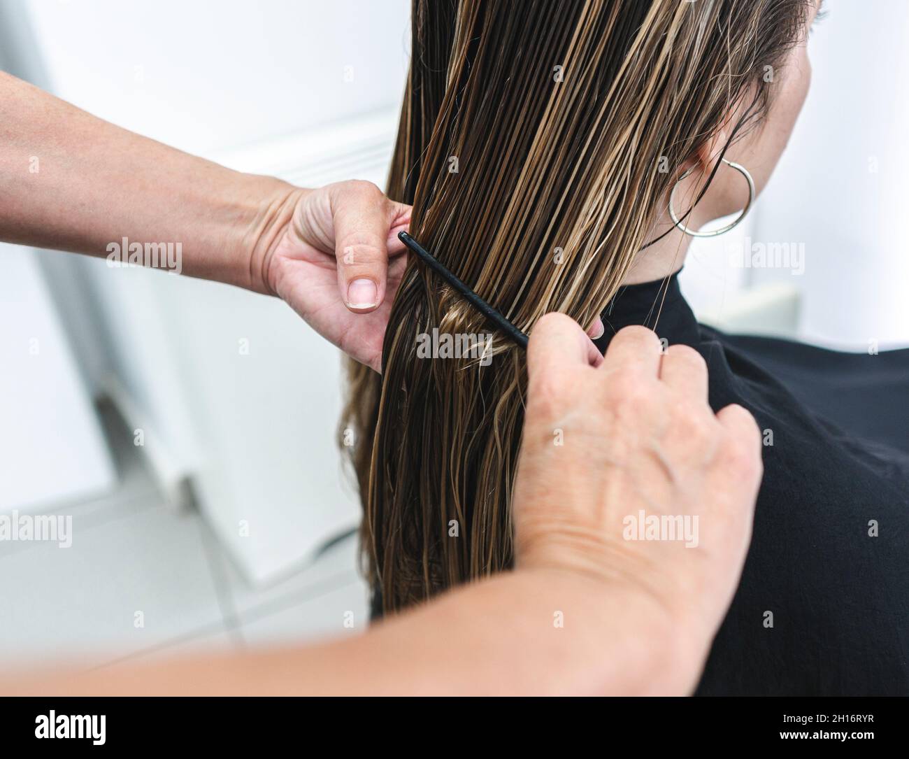 Side view of anonymous young female master combing Woman with long hair ...