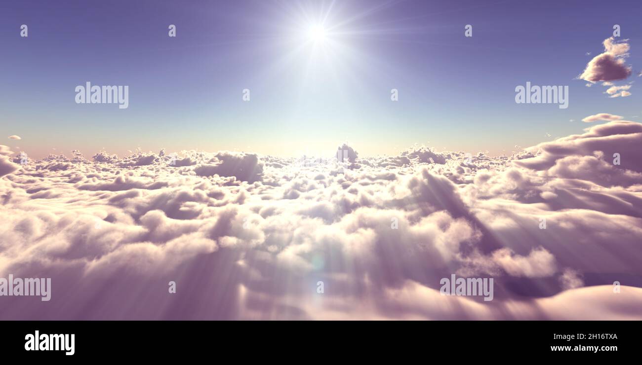 fly above clouds sunset landscape, 3d render illustration Stock Photo ...