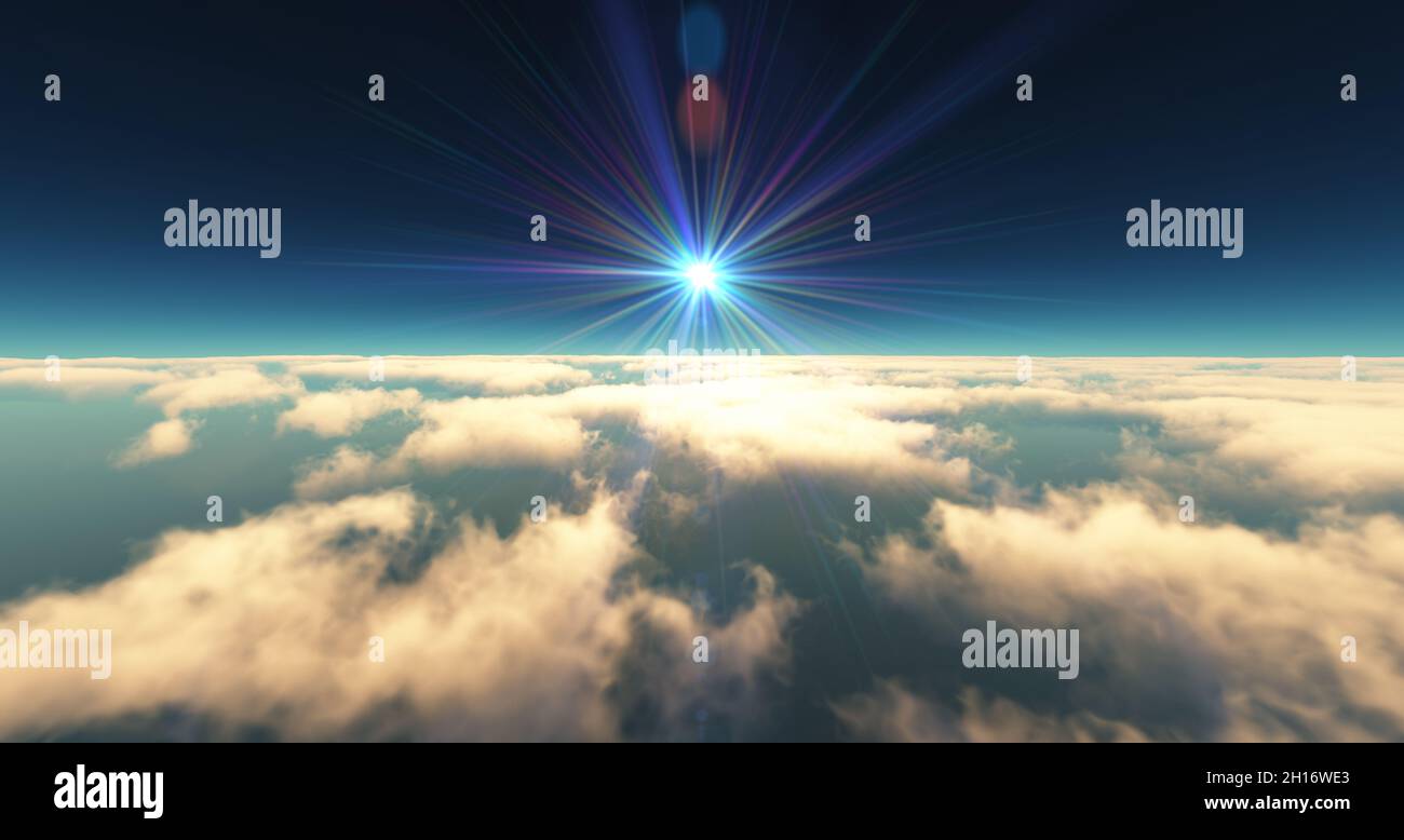 fly above clouds sunset landscape. 3d render illustration Stock Photo ...