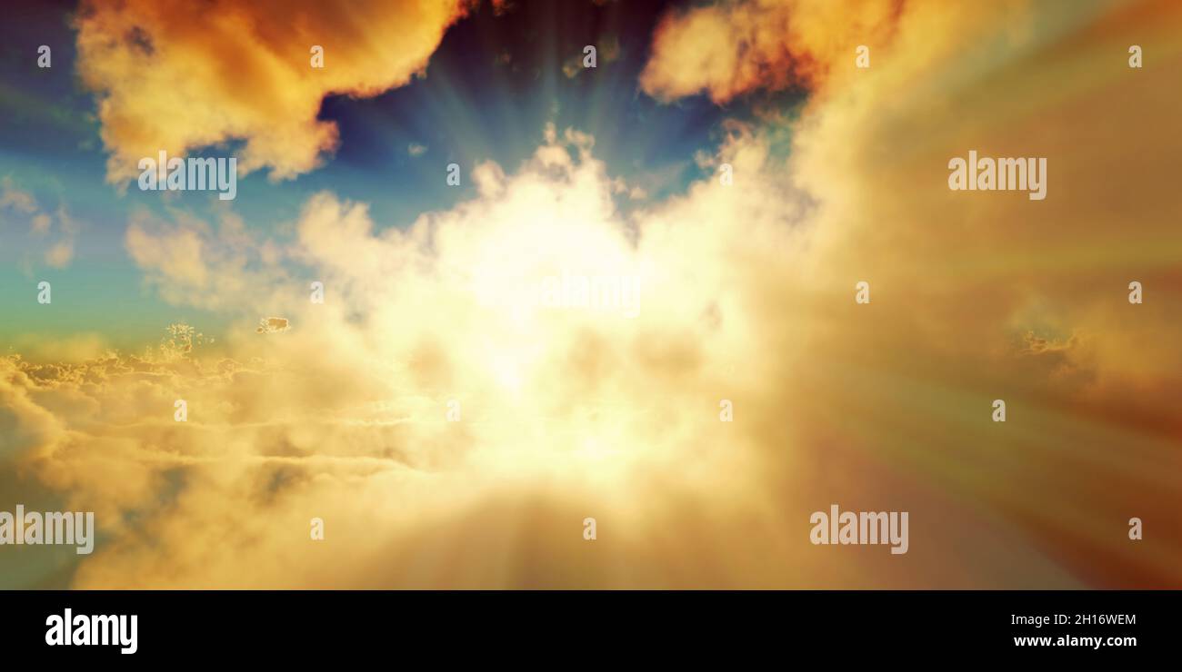 above clouds sun ray sunset. 3d render illustration Stock Photo - Alamy