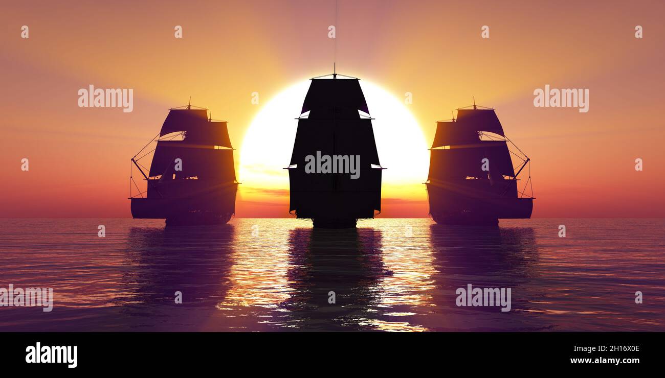 old three ships sunset at sea, 3d rendering illustration Stock Photo ...