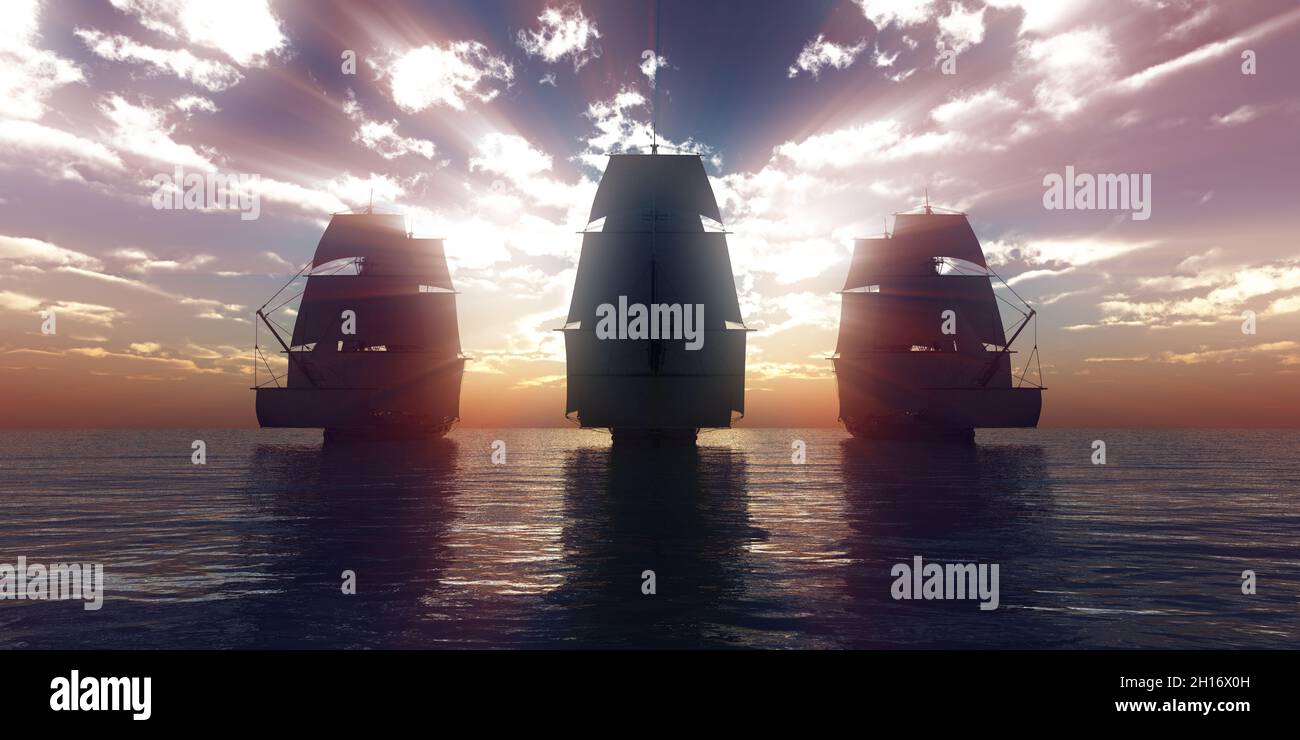 old three ships sunset at sea, 3d rendering illustration Stock Photo ...