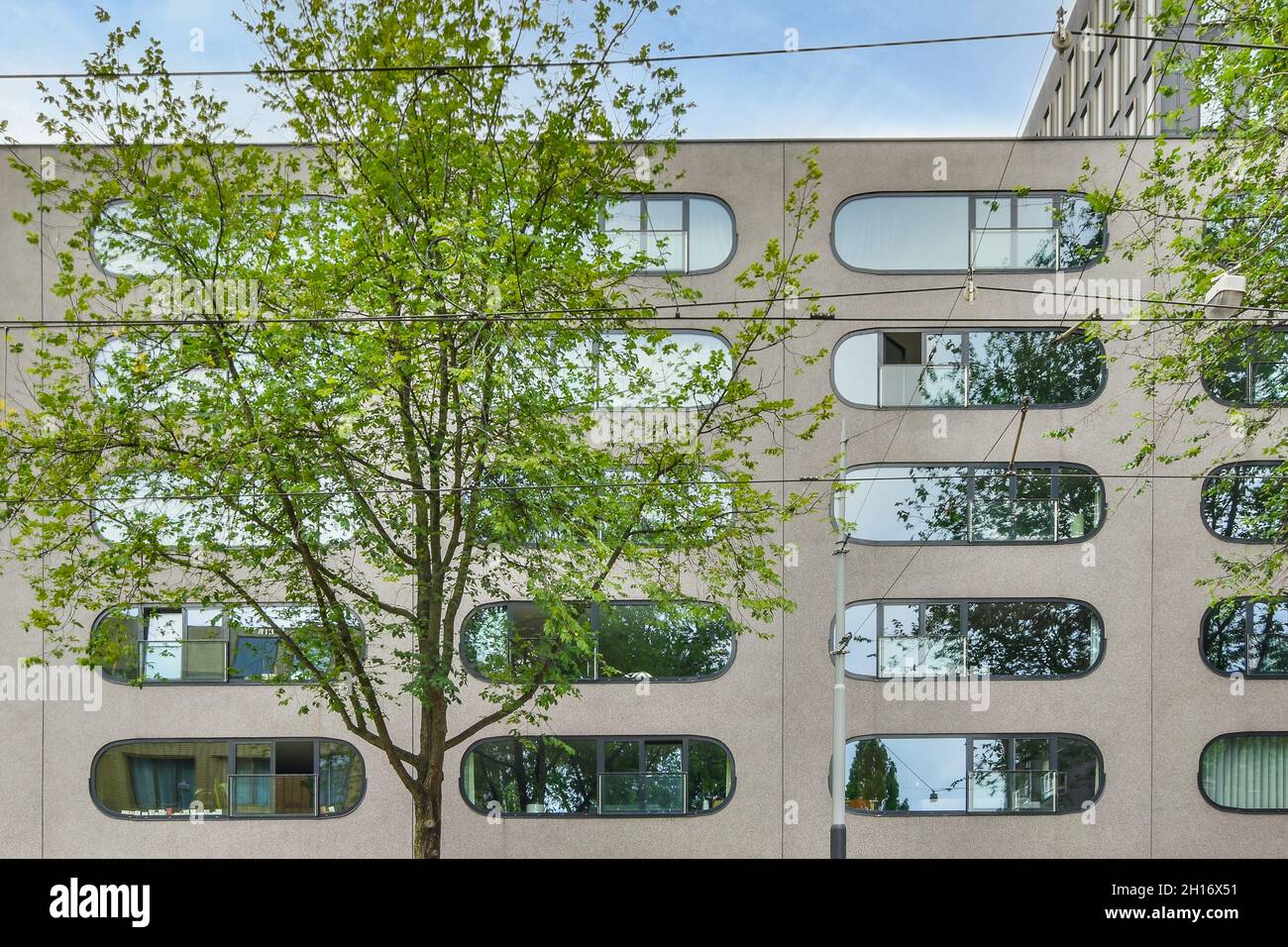 Contemporary multistory house exterior with oval shaped windows ...