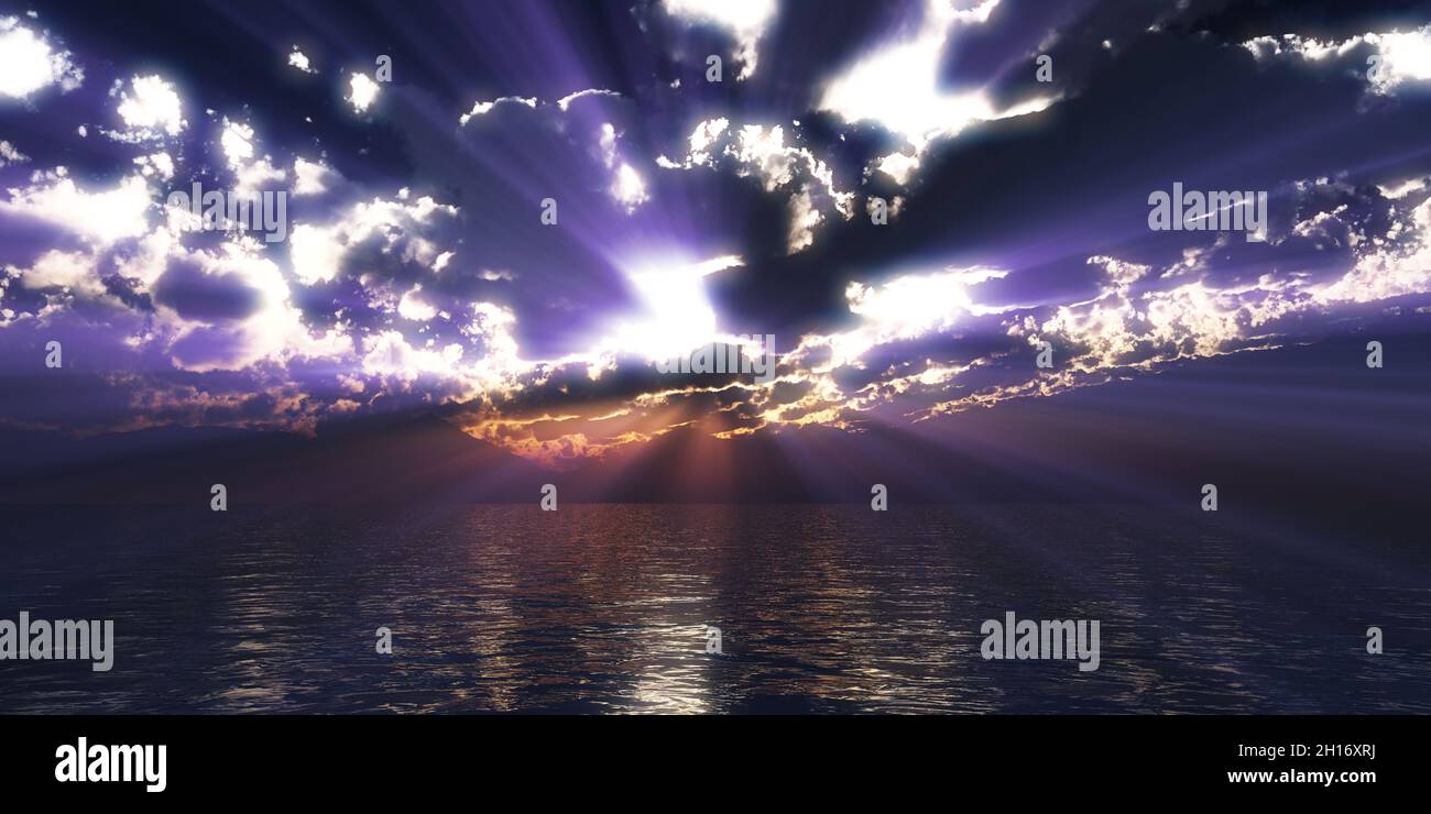 sunset sea sun ray clouds, 3d rendering illustration Stock Photo - Alamy