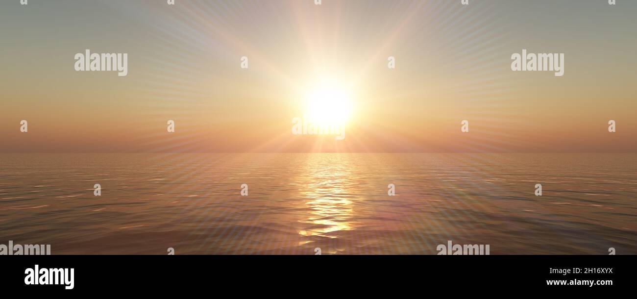 sunset sea sun ray clear sky, 3d rendering illustration Stock Photo - Alamy