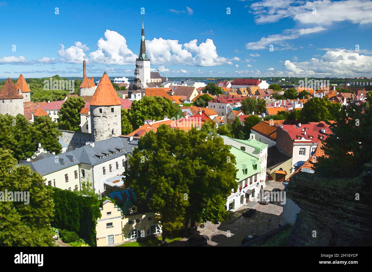 Watercolor drawing of Panoramic view of Old Town of Tallinn with ...