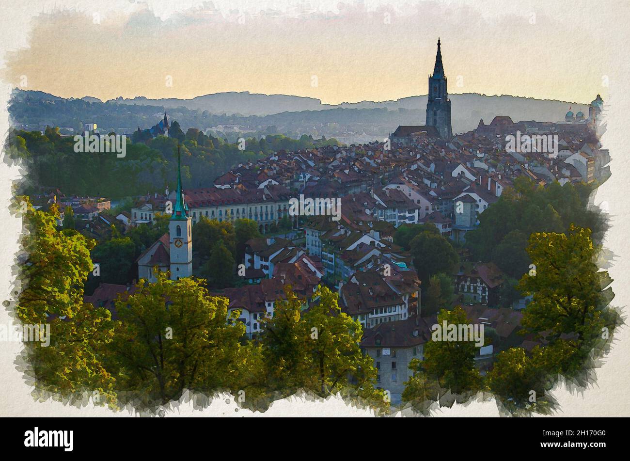 Watercolor drawing of Panoramic aerial view of historic old city center ...
