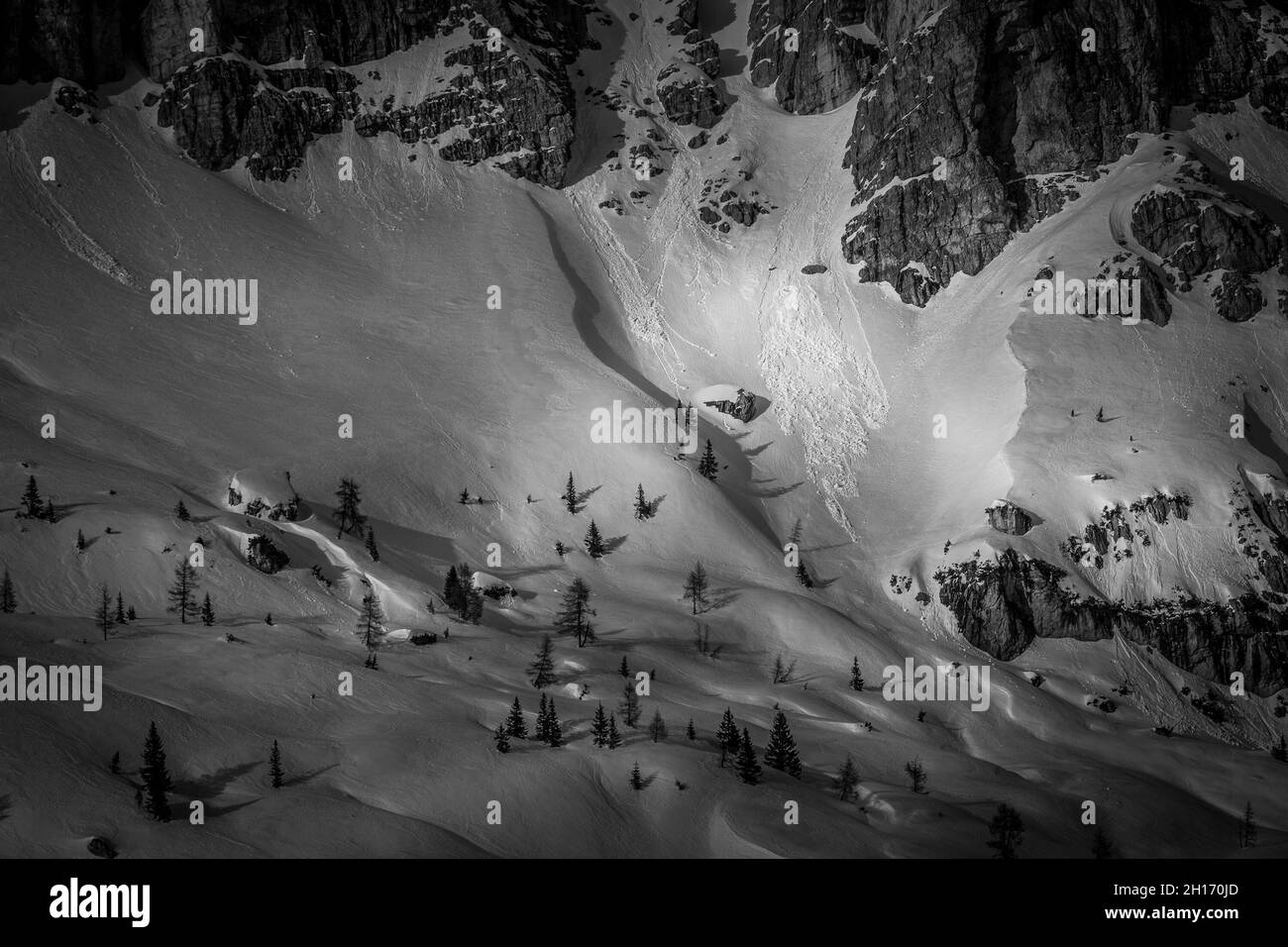 Black and white effect of gully crossed by avalanches Stock Photo - Alamy