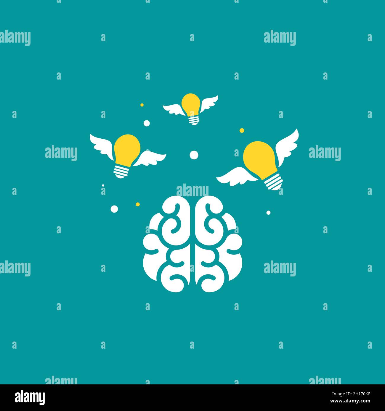 brain with flying bulbs flat icon. Isolated on blue. New idea ...
