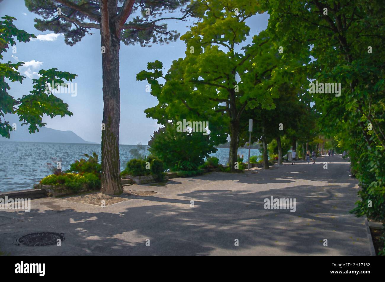 Watercolor drawing of Promenade embankment with blooming flowers and ...