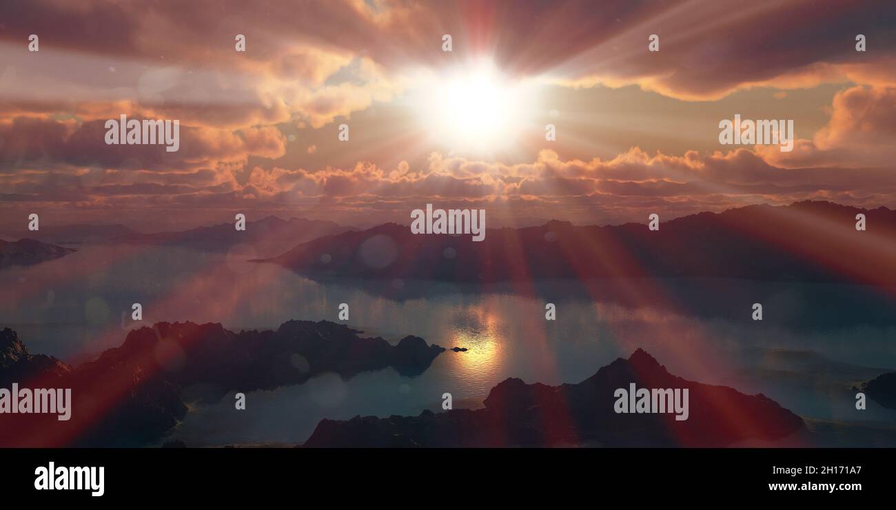 above islands in sea sunset, illustration 3d rendering Stock Photo - Alamy