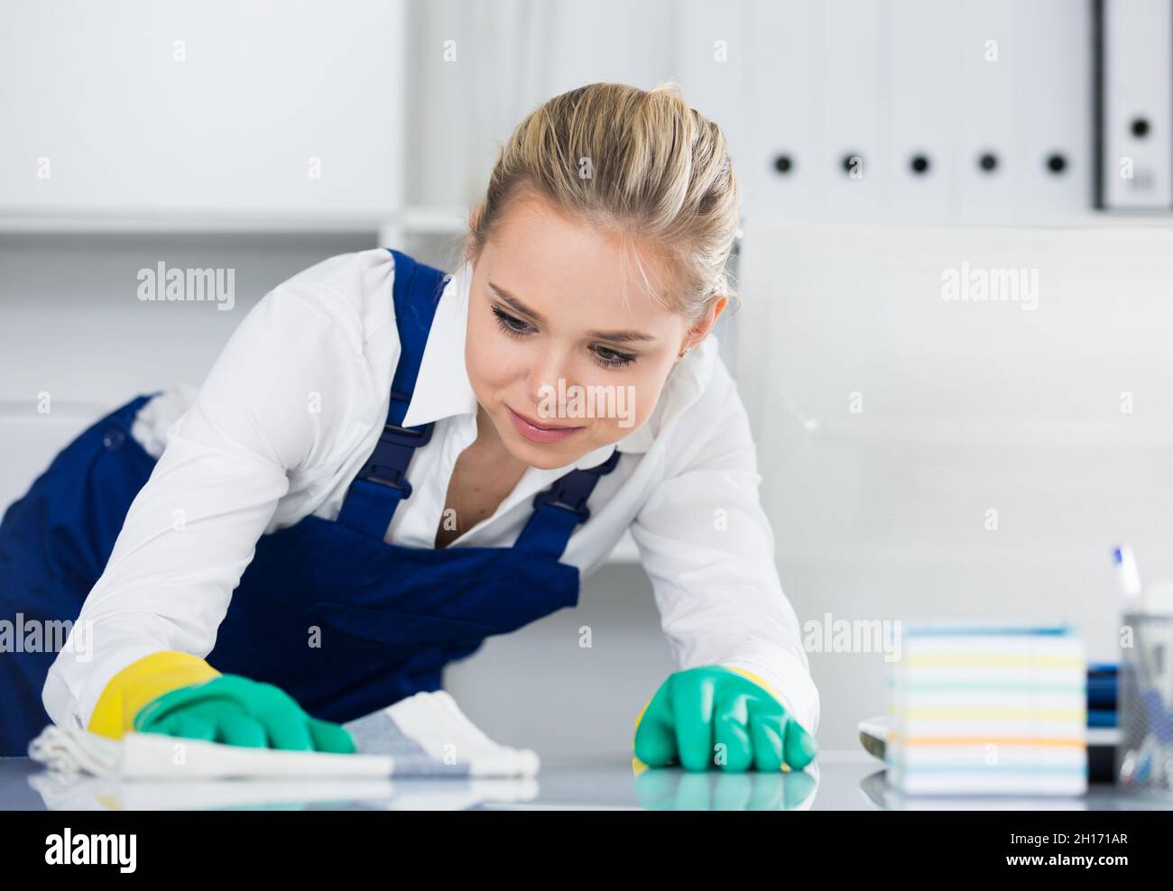 Workwoman wiping dust in office Stock Photo - Alamy