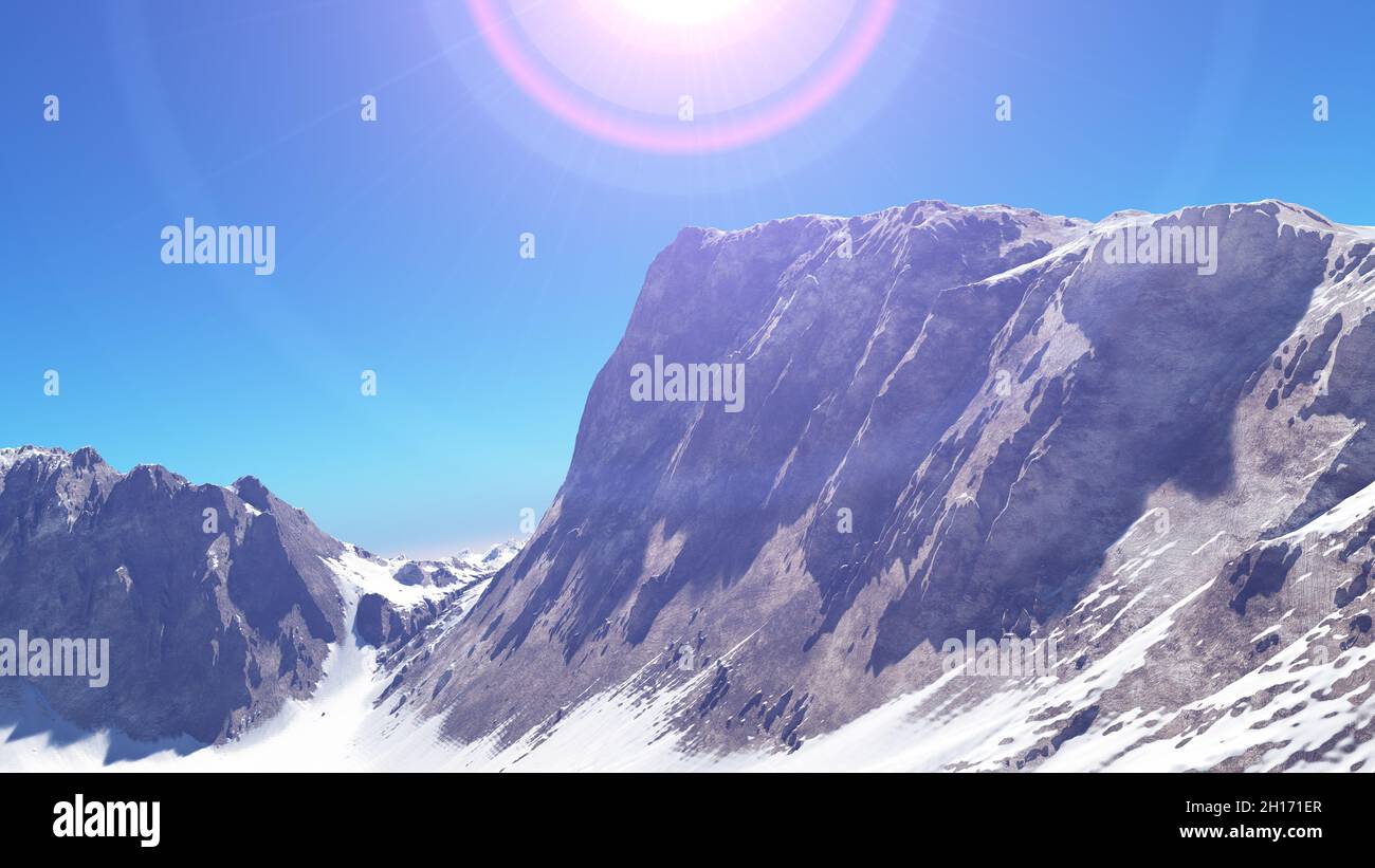 mountain snow sun ray illustration, 3d rendering Stock Photo - Alamy