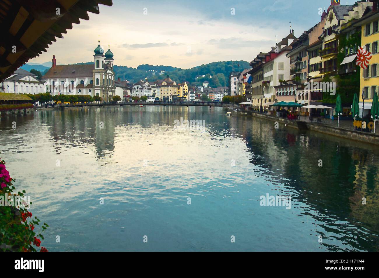 Watercolor drawing of View of the historic city center of Luzern and ...