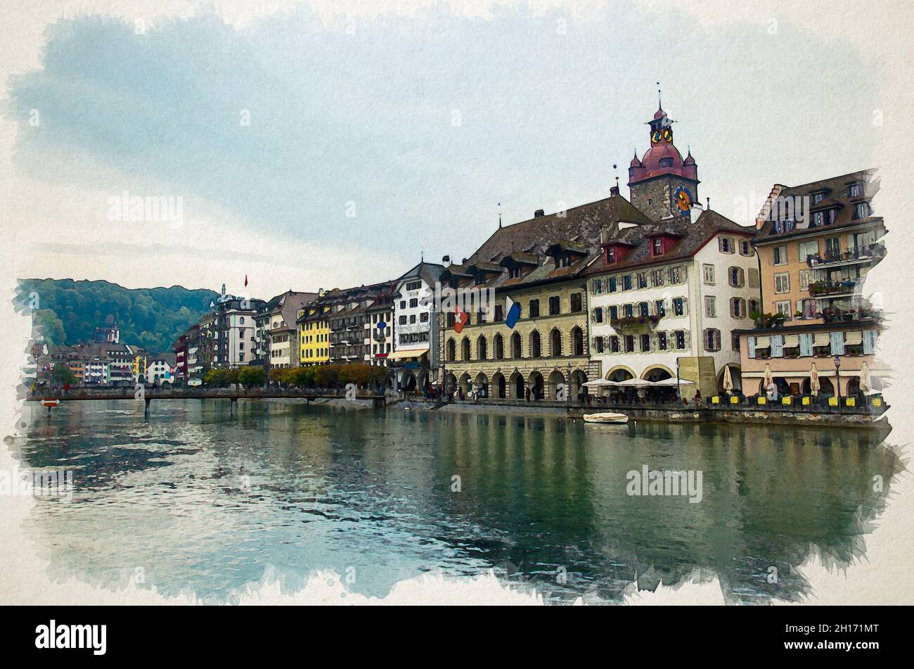Watercolor drawing of View of the historic city center of Luzern and ...
