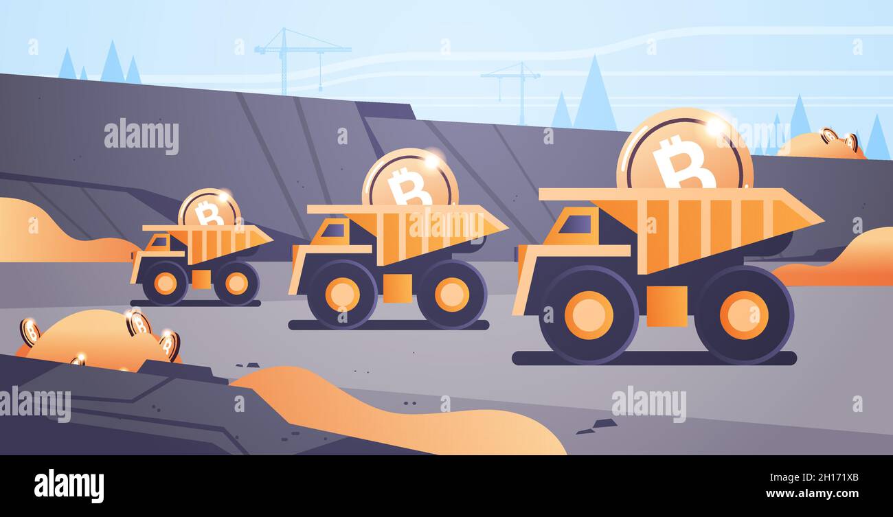 heavy trucks mining transport with bitcoins golden coin digital money ...